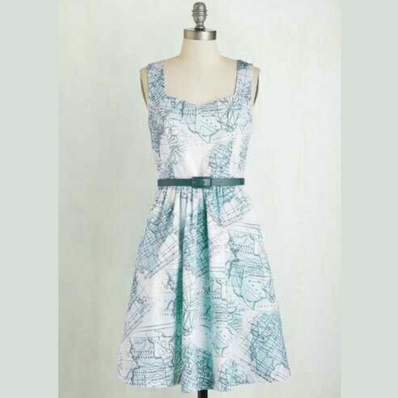 Modcloth | Dresses | Modcloth Blue And White Map Print Midi Dress ...